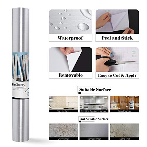 LACHEERY 24x160in Silver Stainless Steel Backsplash Contact Paper Metal Texture Interior Vinyl Film Waterproof Countertop Self Adhesive Laminate Shelf Liner Dishwasher Microwave Fridge Oven Makeover