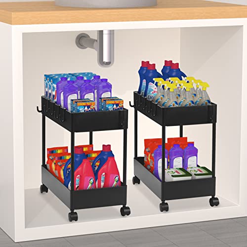 zpose 2 Tier Under Sink Organizer,Under Kitchen Sink Organizers and Storage with Hooks Wheels Under Cabinet Organizer Baskets Multi-purpose Bathroom Under Sink Shelf ，Black，2 Piece