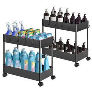 zpose 2 Tier Under Sink Organizer,Under Kitchen Sink Organizers and Storage with Hooks Wheels Under Cabinet Organizer Baskets Multi-purpose Bathroom Under Sink Shelf ，Black，2 Piece