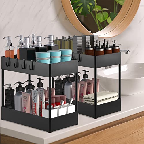 zpose 2 Tier Under Sink Organizer,Under Kitchen Sink Organizers and Storage with Hooks Wheels Under Cabinet Organizer Baskets Multi-purpose Bathroom Under Sink Shelf ，Black，2 Piece