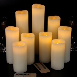 vinkor flameless candles battery operated candles 4″ 5″ 6″ 7″ 8″ 9″ set of 9 ivory real wax pillar led candles with 10-key remote and cycling 24 hours timer