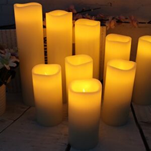 Vinkor Flameless Candles Battery Operated Candles 4" 5" 6" 7" 8" 9" Set of 9 Ivory Real Wax Pillar LED Candles with 10-Key Remote and Cycling 24 Hours Timer