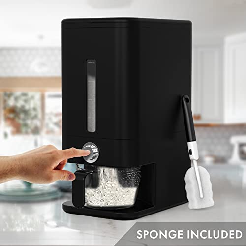 Retail Blade 25lb Rice Dispenser - Air Tight Grain & Rice Container With Easy To Use Dispensing, Measuring Cup, & Sponge - NEW Black Design Grain Storage Container