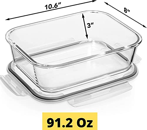 2700ML / 91.3oz X-LARGE Glass Food Storage Container with Locking Lid Ideal for Storing food, Vegetables & Fruits. Baking, Casserole, Roasting & lot more - BPA Free Leak Proof - Fridge to Oven Safe - Clear