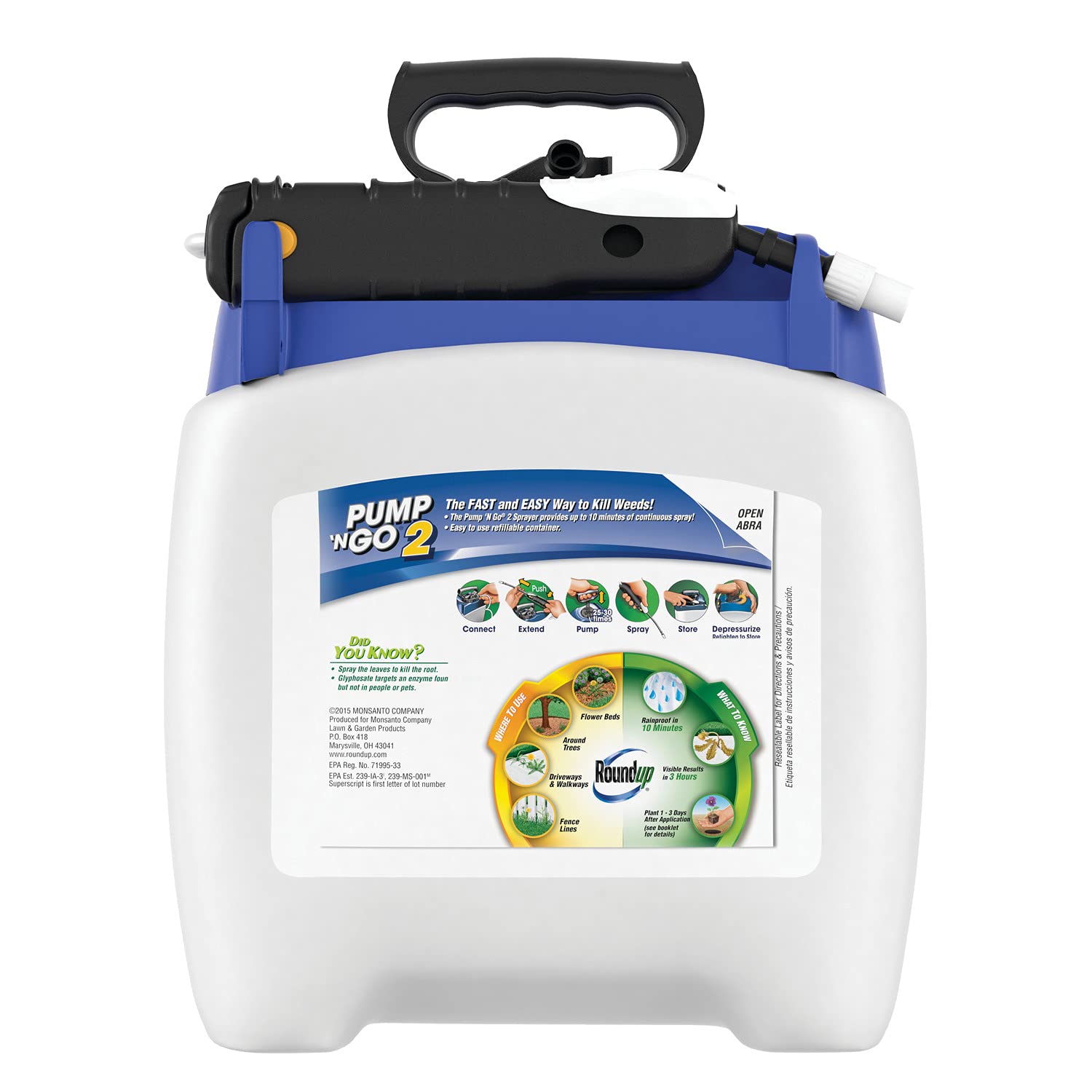 Roundup Ready-To-Use Weed & Grass Killer III -- with Pump 'N Go 2 Sprayer, Use in & Around Vegetable Gardens, Tree Rings, Flower Beds, Patios & More, Kills to the Root, 1.33 gal.