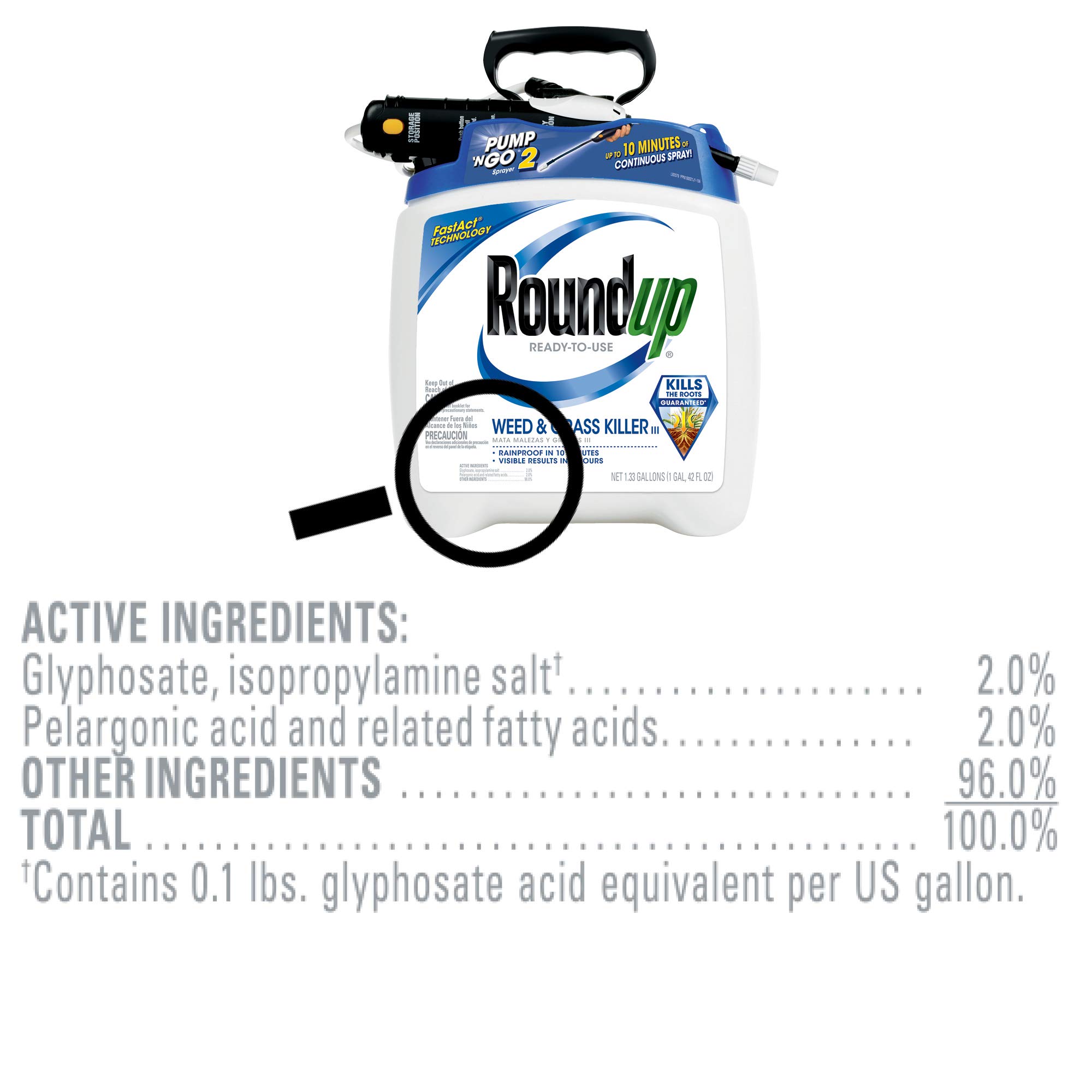 Roundup Ready-To-Use Weed & Grass Killer III -- with Pump 'N Go 2 Sprayer, Use in & Around Vegetable Gardens, Tree Rings, Flower Beds, Patios & More, Kills to the Root, 1.33 gal.