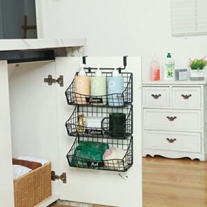 over cabinet door organizer, storage basket 3 pack with name plate hang over the door railing grid panel for kitchen pantry bathroom laundry, holds shampoo cleaning supplies spice dish soap