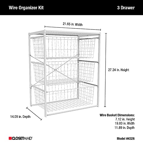 ClosetMaid Wire Basket 3 Drawer Organizer Unit with Shelf for Pantry, Closet, Clothes, Linens, Sturdy Steel, Easy Assembly, White