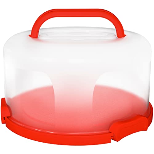 Flixeno Large Sturdy Red Round Cake Carrier Holder Up to 10 inch Multi Purpose Cover Five Section Serving Tray Keeper for Easily Hold & Transport Cakes Pies & Cupcakes with Collapsible Handles + 3 Extra Clips