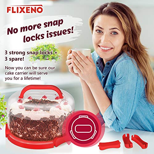 Flixeno Large Sturdy Red Round Cake Carrier Holder Up to 10 inch Multi Purpose Cover Five Section Serving Tray Keeper for Easily Hold & Transport Cakes Pies & Cupcakes with Collapsible Handles + 3 Extra Clips