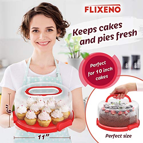 Flixeno Large Sturdy Red Round Cake Carrier Holder Up to 10 inch Multi Purpose Cover Five Section Serving Tray Keeper for Easily Hold & Transport Cakes Pies & Cupcakes with Collapsible Handles + 3 Extra Clips