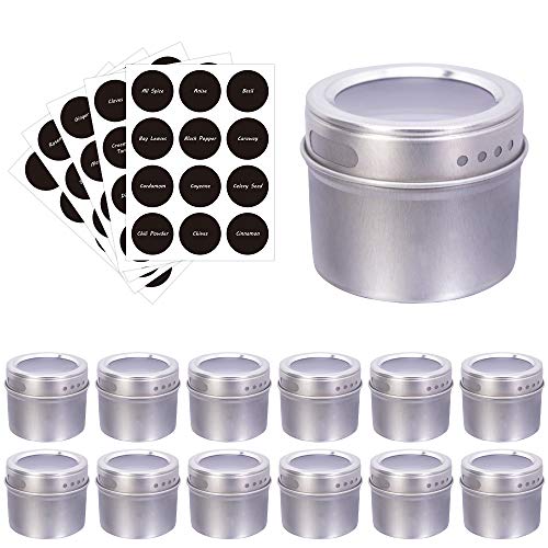 Magnetic Spice Tins & Labels, Storage Spice Containers, Window Top w/Sift-Pour (12 Jars 48 Pre-printed and 12 Blank Labels)