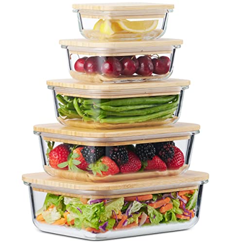 Glass Food Storage Containers with Bamboo Lids Eco-Friendly, set of 5, Airtight, Pantry Organization, Meal Prep Glass Containers. Plastic Free. BPA Free. Microwave Oven Dishwasher and Freezer Safe