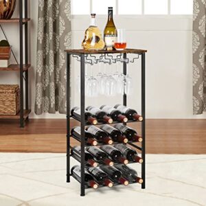 wine rack table, freestanding wine bar rack, wine bar cabinet with glassbottle holder, metal and wood industrial wine cabinet for home, floor liquor wine cabinet storage, for bar kitchen dining, brown