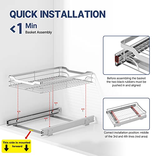 Amazer Pull Out Cabinet Organizer, 14.2" W×20" D Pull Out Drawers for Kitchen Cabinets, Heavy Duty Sturdy Metal Cabinet Pull Out Shelves, Full Slide Out Cabinet Drawer Organizer - Chrome