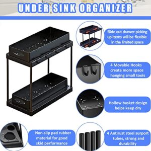 Zubxoal Bathroom Organizer Under Sink, 2 Tier Under Kitchen Sink Organizers and Storage, Under Sink Shelf with 4 Hook, Easy Cleaning Pull Out Bathroom Cabinet Organizers