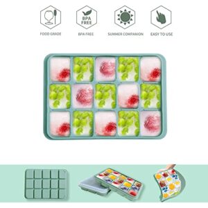 Ice Cube Trays Set of 2, Easy Release 15 Flexible Silicone Ice Cube Molds with Removable Lid Reusable Freezer Ice Trays Stackable for Whiskey, Baby Food, BPA Free (BAMBOO GREEN)