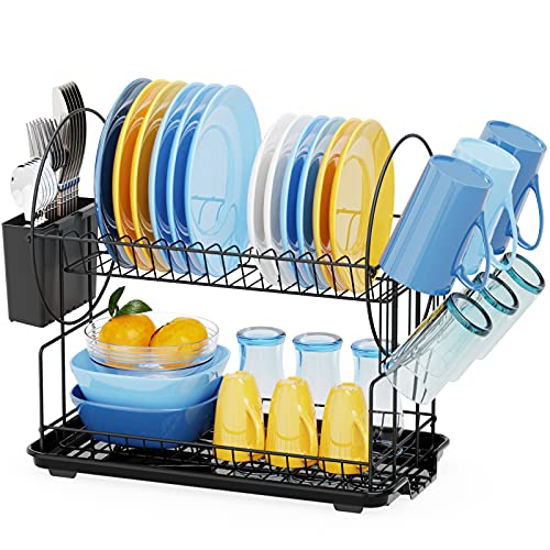 GSlife Dish Drying Rack, Rust-Resistant Small 2 Tier Dish Rack with Drainboard Set, Dish Drainer with Utensil Holder & Cup Holder for Kitchen Counter, Black