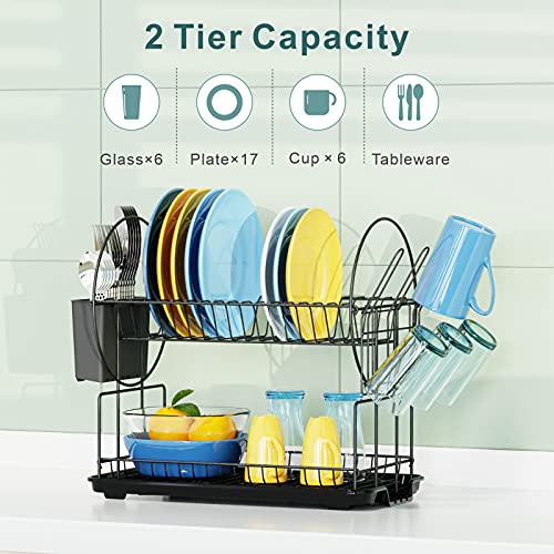 GSlife Dish Drying Rack, Rust-Resistant Small 2 Tier Dish Rack with Drainboard Set, Dish Drainer with Utensil Holder & Cup Holder for Kitchen Counter, Black