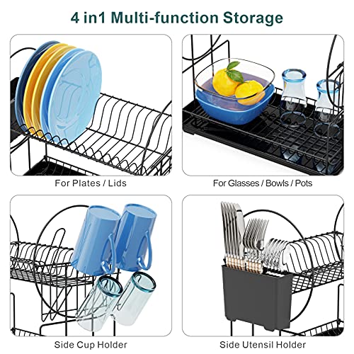 GSlife Dish Drying Rack, Rust-Resistant Small 2 Tier Dish Rack with Drainboard Set, Dish Drainer with Utensil Holder & Cup Holder for Kitchen Counter, Black