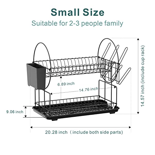 GSlife Dish Drying Rack, Rust-Resistant Small 2 Tier Dish Rack with Drainboard Set, Dish Drainer with Utensil Holder & Cup Holder for Kitchen Counter, Black