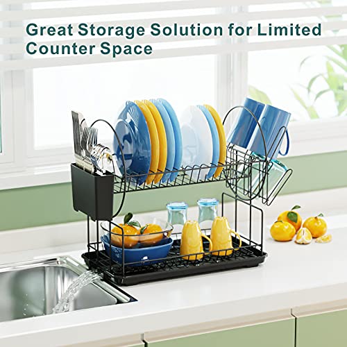 GSlife Dish Drying Rack, Rust-Resistant Small 2 Tier Dish Rack with Drainboard Set, Dish Drainer with Utensil Holder & Cup Holder for Kitchen Counter, Black