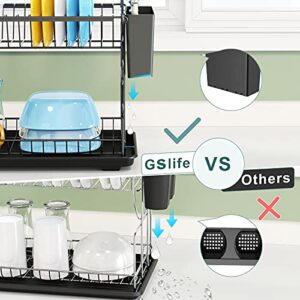 GSlife Dish Drying Rack, Rust-Resistant Small 2 Tier Dish Rack with Drainboard Set, Dish Drainer with Utensil Holder & Cup Holder for Kitchen Counter, Black