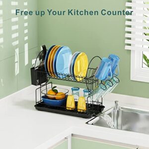 GSlife Dish Drying Rack, Rust-Resistant Small 2 Tier Dish Rack with Drainboard Set, Dish Drainer with Utensil Holder & Cup Holder for Kitchen Counter, Black