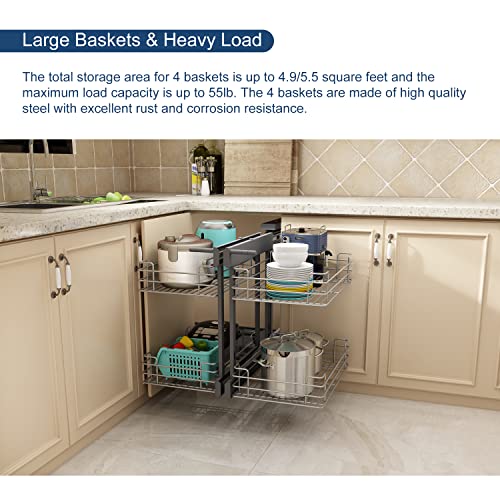 VADANIA Blind Corner Pull Out Organizer for 36" Cabinet, Left Open & Right Open Compatible, Min Opening 15", 2-Tier Pull-Out Basket, Soft Close, Bottom Mount