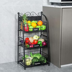 3 Tier Vegetables Storage Basket Stand with Nameplate, Removable Wire Fruit Basket, Kitchen Freestanding Metal Fruit Storage Cart with Anti-scratch Adjustable Feet, for Fruit Vegetable Onion Potato