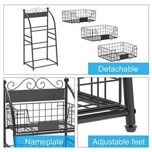 3 Tier Vegetables Storage Basket Stand with Nameplate, Removable Wire Fruit Basket, Kitchen Freestanding Metal Fruit Storage Cart with Anti-scratch Adjustable Feet, for Fruit Vegetable Onion Potato