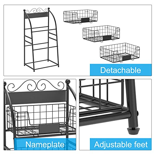 3 Tier Vegetables Storage Basket Stand with Nameplate, Removable Wire Fruit Basket, Kitchen Freestanding Metal Fruit Storage Cart with Anti-scratch Adjustable Feet, for Fruit Vegetable Onion Potato