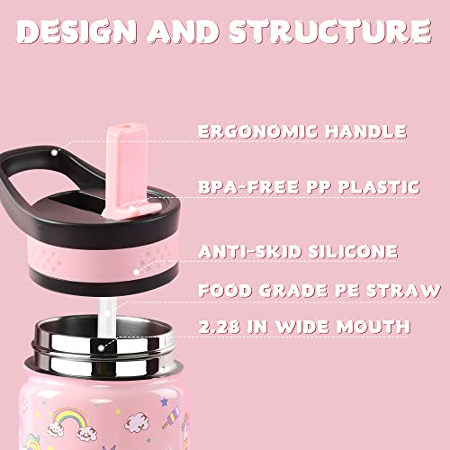 HQAYW Girls Water Bottles for School, 14oz Kids Water Bottle Stainless Steel, Insulated Water Bottle with Straw Cap Leakproof, Wide-Mouth BPA Free Tumbler Cups Metal Canteen for Sports, Unicorn