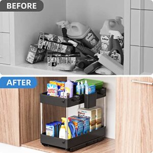 G-TING Under Sink Organizer, 2-Tier Under Sliding Cabinet Basket Organizer with Hooks, Hanging Cup, Dividers, Multifunctional Pull Out Cabinet Organizer for Kitchen, Bathroom(Black)