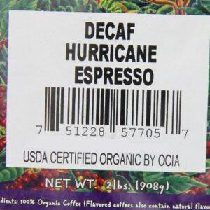 Organic Coffee Co. DECAF Hurricane Espresso Whole Bean Coffee 2LB (32 Ounce) Medium Dark Roast Natural Water Processed Decaffeinated USDA Organic