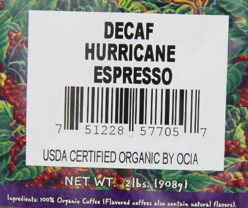 Organic Coffee Co. DECAF Hurricane Espresso Whole Bean Coffee 2LB (32 Ounce) Medium Dark Roast Natural Water Processed Decaffeinated USDA Organic