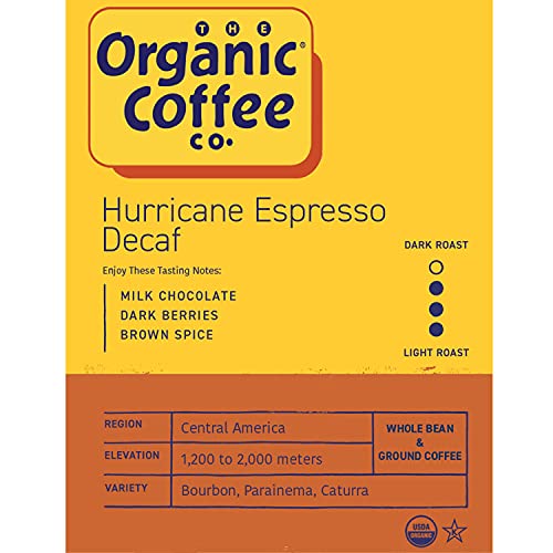 Organic Coffee Co. DECAF Hurricane Espresso Whole Bean Coffee 2LB (32 Ounce) Medium Dark Roast Natural Water Processed Decaffeinated USDA Organic