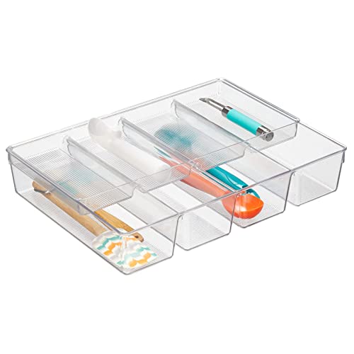 mDesign Plastic Kitchen Drawer Organizer Tray Set - Horizontal Storage Bin for Organizing Cutlery, Flatware, Silverware, Utensil, and Appliances - Ligne Collection - Clear