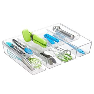 mDesign Plastic Kitchen Drawer Organizer Tray Set - Horizontal Storage Bin for Organizing Cutlery, Flatware, Silverware, Utensil, and Appliances - Ligne Collection - Clear