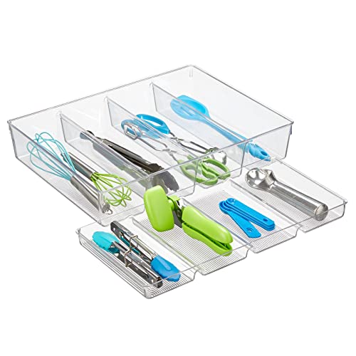 mDesign Plastic Kitchen Drawer Organizer Tray Set - Horizontal Storage Bin for Organizing Cutlery, Flatware, Silverware, Utensil, and Appliances - Ligne Collection - Clear