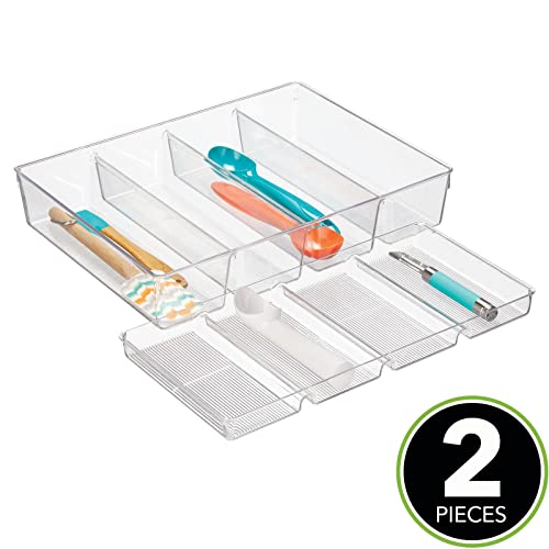 mDesign Plastic Kitchen Drawer Organizer Tray Set - Horizontal Storage Bin for Organizing Cutlery, Flatware, Silverware, Utensil, and Appliances - Ligne Collection - Clear