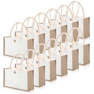 12 pieces jute tote bags burlap tote beach bags with handles reusable waterproof tote shopping bag blank diy canvas gift bag jute travel tote bag for beach bridesmaid wedding 14.57 x 10.24 x 6.69 inch