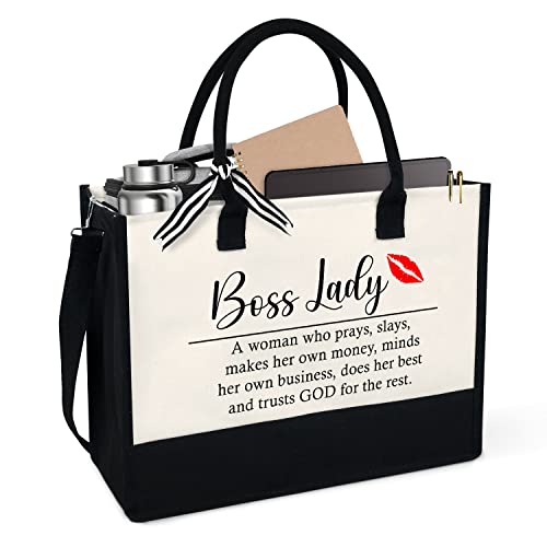 Boss Lady Gift Tote Bag, Leaving Moving Appreciation Retirement Birthday Christmas Gifts for Boss, Leader, Boss Lady, Manager Director, Women, 13oz Canvas Tote Bag With Zipper For Women