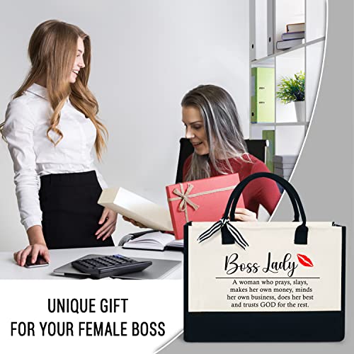 Boss Lady Gift Tote Bag, Leaving Moving Appreciation Retirement Birthday Christmas Gifts for Boss, Leader, Boss Lady, Manager Director, Women, 13oz Canvas Tote Bag With Zipper For Women