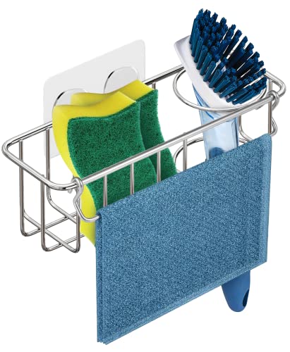 KESOL 3-in-1 Kitchen Sink Caddy - Adhesive Sponge Holder for Kitchen Sink + Dish Cloth Hanger + Dish Brush Holder, 304 Stainless Steel Rust Proof, Water Proof, No Drilling Kitchen Sink Accessories