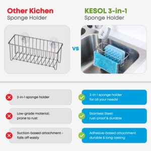 KESOL 3-in-1 Kitchen Sink Caddy - Adhesive Sponge Holder for Kitchen Sink + Dish Cloth Hanger + Dish Brush Holder, 304 Stainless Steel Rust Proof, Water Proof, No Drilling Kitchen Sink Accessories