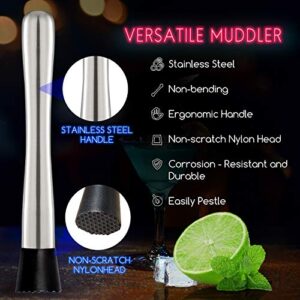 Hiware 10 Inch Stainless Steel Cocktail Muddler and Mixing Spoon Home Bar Tool Set - Create Delicious Mojitos and Other Fruit Based Drinks