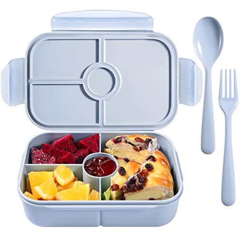 Jeopace Bento Box Kids Lunch Containers for Kids with 4 Compartments Kids Bento Lunch Box Microwave Safe (Flatware Included,Light Blue)