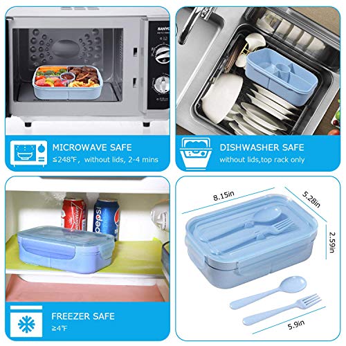 Jeopace Bento Box Kids Lunch Containers for Kids with 4 Compartments Kids Bento Lunch Box Microwave Safe (Flatware Included,Light Blue)