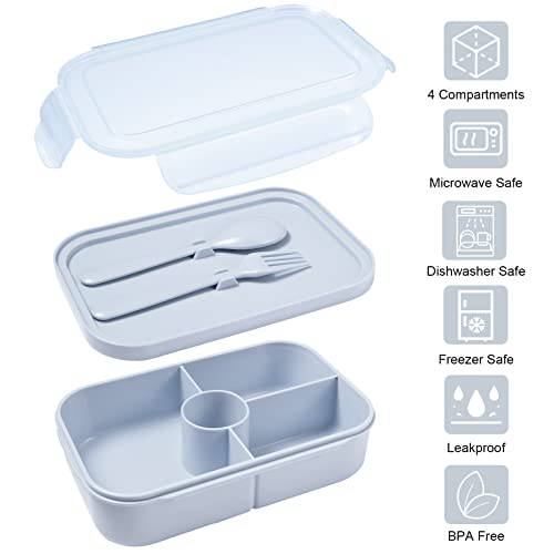 Jeopace Bento Box Kids Lunch Containers for Kids with 4 Compartments Kids Bento Lunch Box Microwave Safe (Flatware Included,Light Blue)